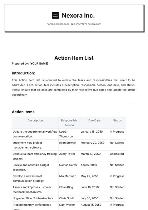 Free Sample Action Item List Template To Edit Online