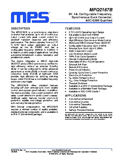 Mpq2167b Aec1 Datasheet 6v 4a Configurable Frequency Synchronous