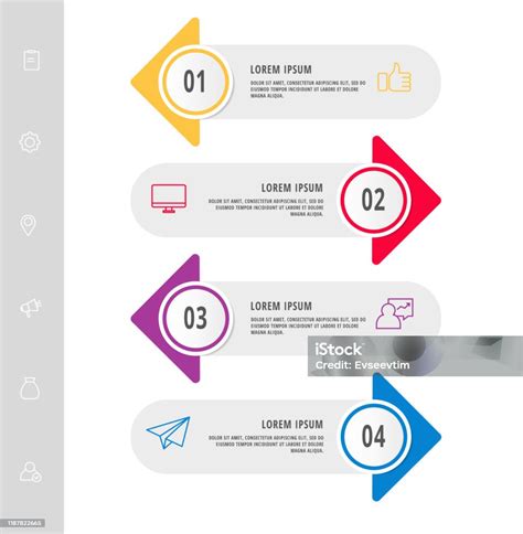 벡터 인포그래픽 플랫 템플릿입니다 네 개의 다이어그램 그래프 순서도 타임 라인 마케팅 프리젠 테이션에 대한 화살표와 원 4개의 레이블이 있는 비즈니스 컨셉 0명에 대한 스톡