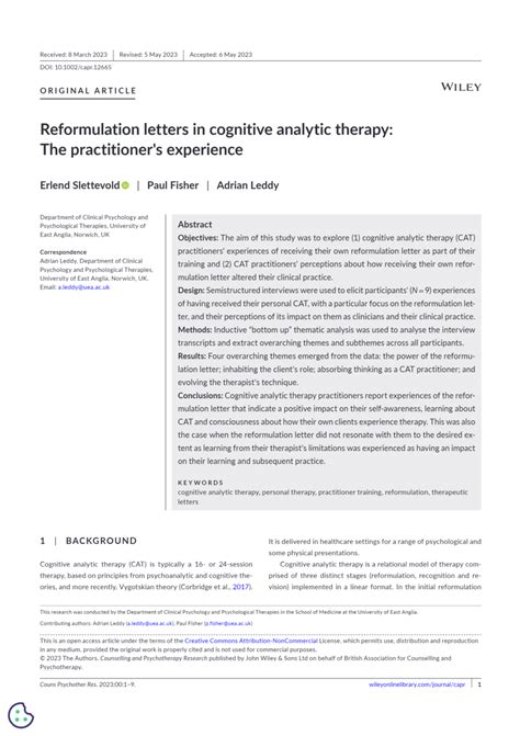 Pdf Reformulation Letters In Cognitive Analytic Therapy The Practitioners Experience