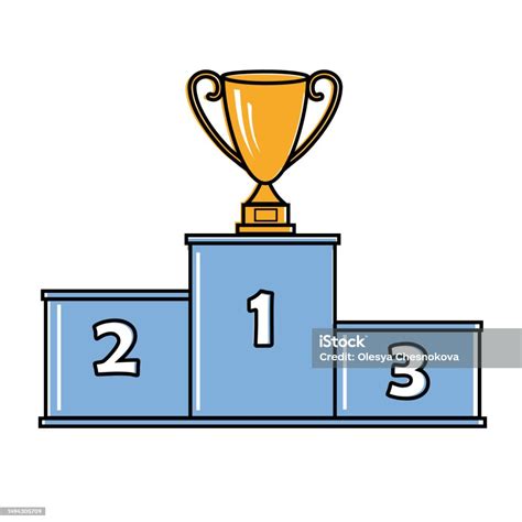 골드 컵 클로즈업 흰색 배경에 고립 된 우승자를위한 연단 벡터 색상 일러스트레이션 디자인 1위에 대한 스톡 벡터 아트 및 기타