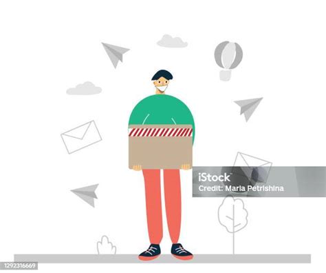 安全非接觸式遞送理念非接觸式免提快遞服務在房子遠處快遞手繪平面卡通向量圖向量圖形及更多兒童圖片 兒童 圖畫 藝術品 無接觸配送