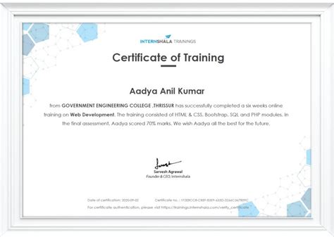 Aadya Anil Kumar On Linkedin Training Webdevelopment Internshala