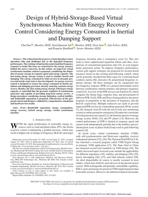 Pdf Design Of Hybrid Storage Based Virtual Synchronous Machine With Energy Recovery Control