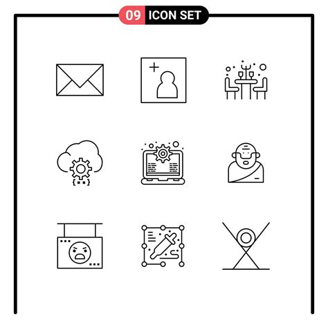 Group Of 9 Modern Outlines Set For Laptop Process Dinner Development Coding Editable Vector