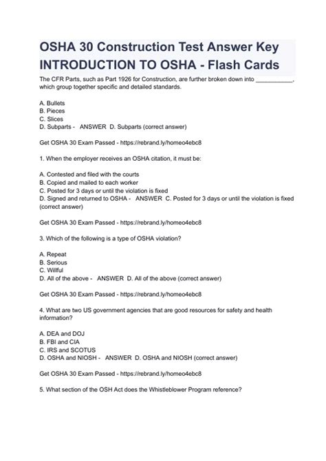 OSHA 30 Construction Test Answer Key INTRODUCTION TO OSHA QUESTIONS WITH 100 CORRECT ANSWERS