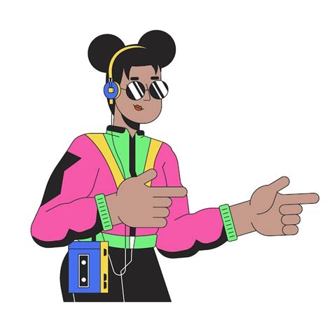 아프리카계 미국인 여자 90년대 손가락을 가리키는 멋진 2d 선형 만화 캐릭터 프리미엄 벡터