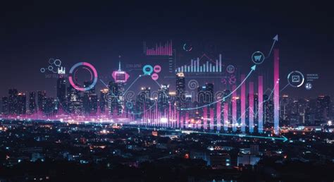 Futuristic Cityscape With Digital Graphs And Data Analytics At Night Stock Image Image Of