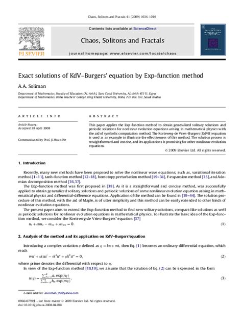 Pdf Exact Solutions Of Kdvburgers Equation By Exp Function Method