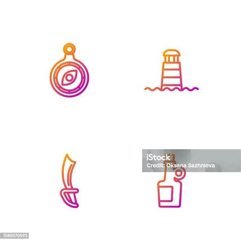 세트 라인 알코올 음료 럼 해적 검 나침반 및 등대 그라데이션 색상 아이콘입니다 벡터 강철에 대한 스톡 벡터 아트 및 기타 이미지 Istock