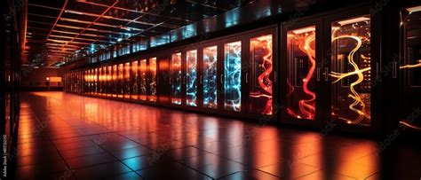 Quantum Server Room Data Flow Side View Active Red And Black Swirls Backbone Of Quantum