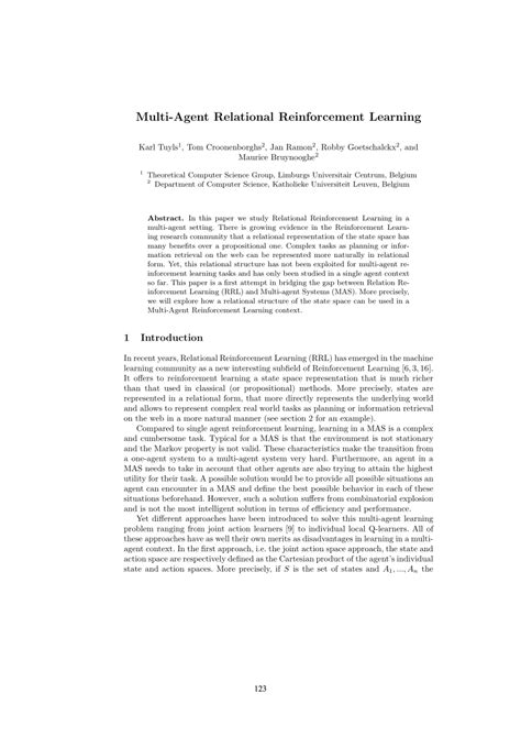 Pdf Multi Agent Relational Reinforcement Learning