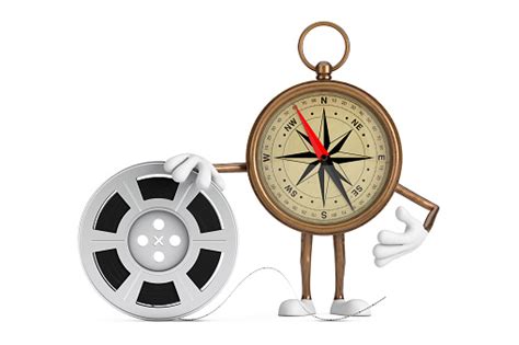 골동품 빈티지 황동 나침반 만화 사람 캐릭터 마스코트 필름 릴 시네마 테이프 3d 렌더링 3차원 형태에 대한 스톡 사진 및 기타 이미지 3차원 형태 개념 나침반