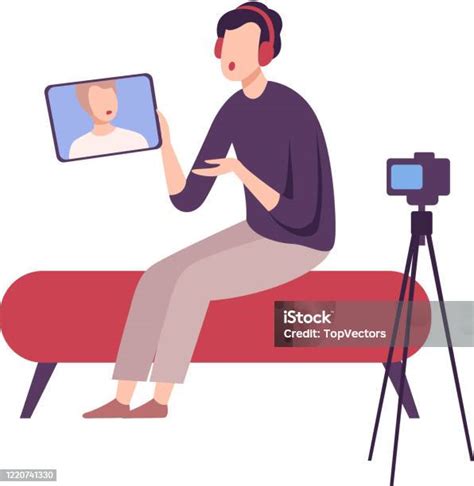 남성 기자 태블릿 화면 및 녹화 보고를 통해 사업가 인터뷰 온라인 통신 비즈니스 회의 인터뷰 평면 벡터 일러스트 언론인에 대한