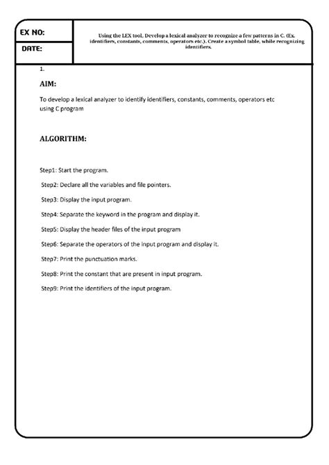 Cd Manual 1 Complier Design Lab Manual Ex No Using The Lex Tool Develop A Lexical Analyzer