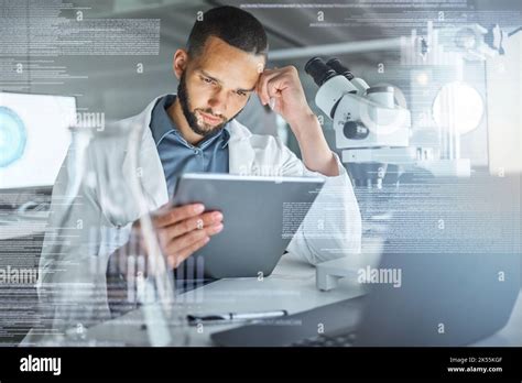 Science Research And Tablet With A Man Engineer Working In His Laboratory On Innovation And