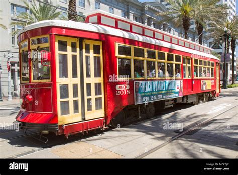New Orleans Canal Street Streetcar Color Landscape Image Of Red And