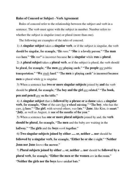Rules Of Concord Or Subject Pdf Subject Grammar Grammatical Number