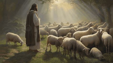 예수는 태양을 통해 양 사이에 서있다 선한 목자로서의 예수님의 그림 목자 종교 배경 일러스트 및 사진 무료 다운로드 Pngtree