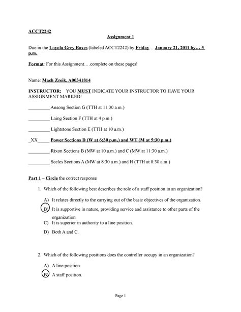 Seminar Assignments Assignment 1 And 2 Acct Assignment 1 Due In The Loyola Grey Boxes