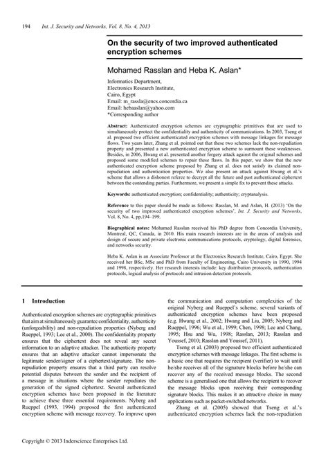 Pdf On The Security Of Two Improved Authenticated Encryption Schemes