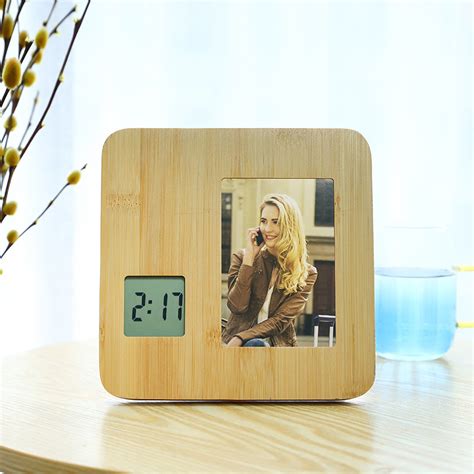 Table Bamboo Photo Frame With Clock Digital Alarm Clock Wooden Photo