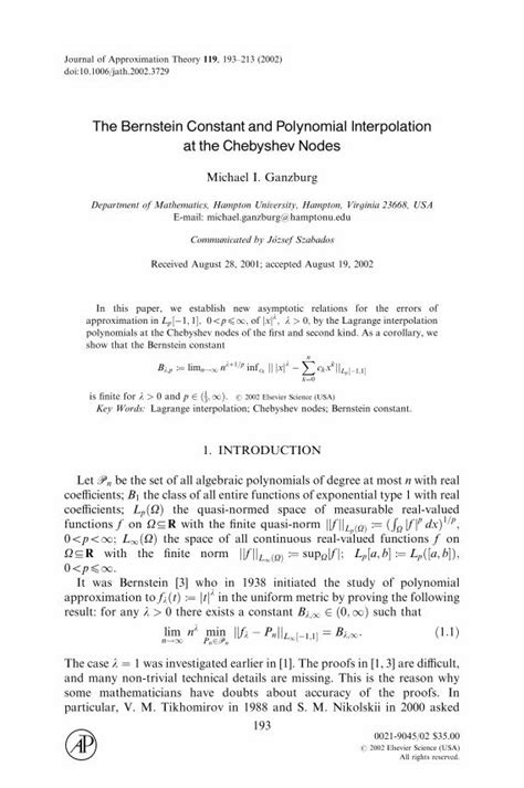 pdf the bernstein constant and polynomial interpolation at the