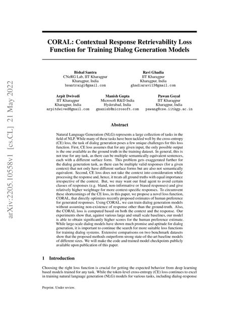 Coral Contextual Response Retrievability Loss Function For Training Dialog Generation Models