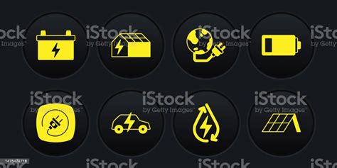 전기 플러그 배터리 자동차 물 에너지 글로벌 파워 플래닛 태양 전지판 및 자동차 배터리 아이콘을 설정합니다 벡터 검은색에 대한 스톡 벡터 아트 및 기타 이미지 Istock