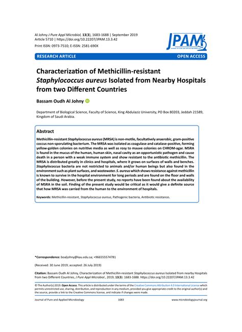 Pdf Characterization Of Methicillin Resistant Staphylococcus Aureus Isolated From Nearby