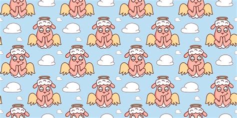 부드러운 파란색 배경에 푹신한 구름으로 둘러싸인 후광과 날개가 있는 만화 천사 양을 특징으로 하는 귀여운 이음새 없는 패턴입니다 아기 용품 보육원 장식 및 영적 테마에