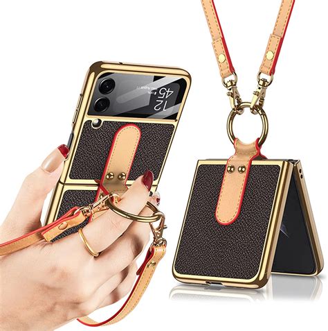 Lisade Leather Case For Samsung Galaxy Z Flip G With Ring Strap Lanyard Camera Cover For