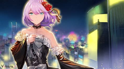 Safebooru 1girl Aqua Eyes Bare Shoulders Black Dress Bow Choker City