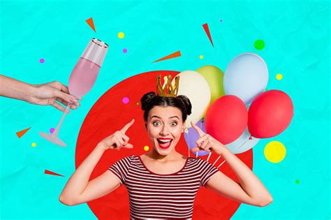 트렌드 아트 워크 스케치 디자인 몽타주 3d 콜라주 놀란 숙녀 착용 왕관 손가락 포인트 흥분 공기 풍선 칵테일 글라스 생일 축하