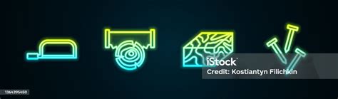 세트 라인 쇠톱 양손 및 로그 나무 빔과 금속 손톱 빛나는 네온 아이콘 벡터 강철에 대한 스톡 벡터 아트 및 기타 이미지 강철 건설 산업 금속 Istock