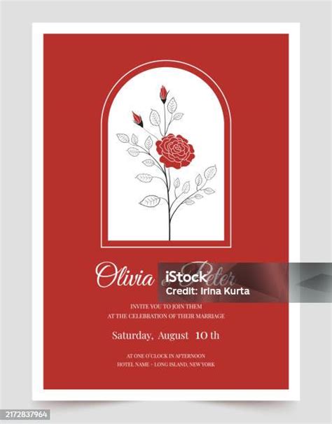 빨간 배경에 양식화 된 장미와 결혼 초대장 템플릿 선형 스타일의 미니멀리즘 디자인 벡터 일러스트 레이 션 단일 이미지에 대한 스톡 벡터 아트 및 기타 이미지 Istock