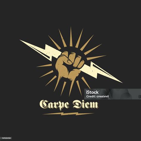 카르페 디엠 추상 벡터 엠블럼 기호 또는 엠블럼 템플릿입니다 레트로 타이포그래피가 있는 번개 실루엣을 들고 있는 손 볼트에 대한 스톡 벡터 아트 및 기타 이미지 Istock