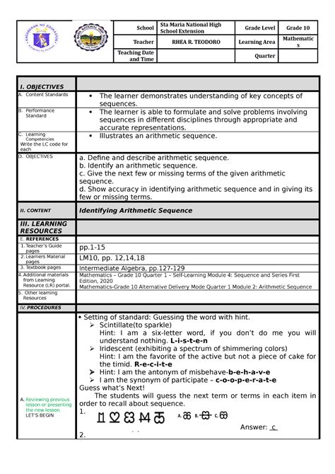 DLL Sample Format Babe Sta Maria National High Babe Extension Grade Level Grade 10