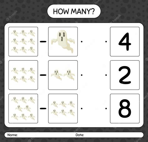 유령과 얼마나 많은 계산 게임 미취학 아동을 위한 워크시트 어린이 활동 시트 프리미엄 벡터