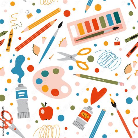 Seamless Pattern With Art Supplies Stationery On A White Background