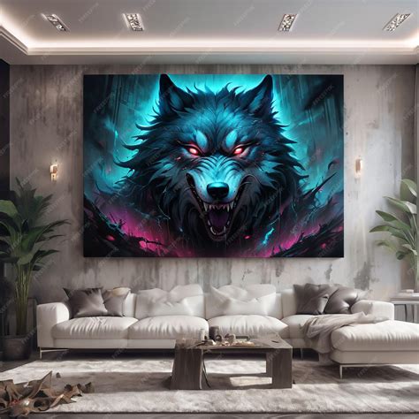 Premium Photo A Beautiful Living Room Wolf Image In Large Canvas On The Wall