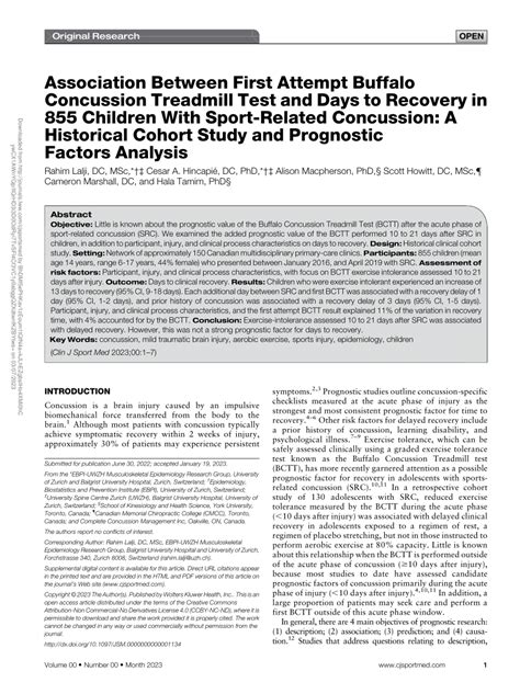 pdf association between first attempt buffalo concussion treadmill test and days to recovery