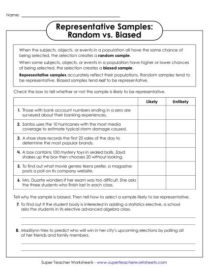 Representative Samples Random Vs Biased Printable Statistics Identify Vs Samples Pdf Worksheet