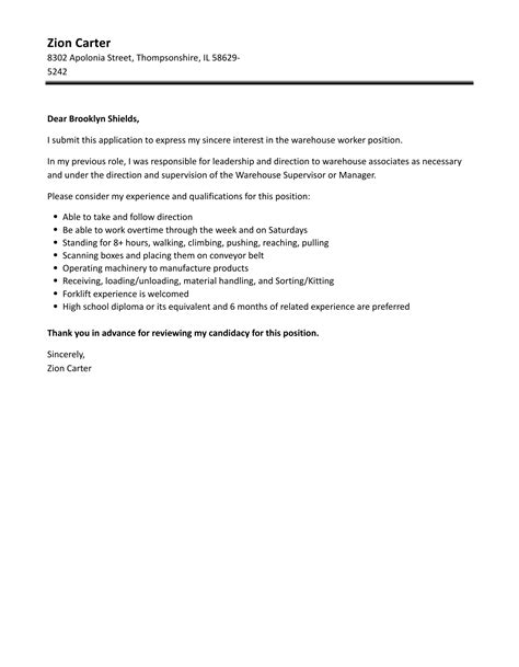 Warehouse Worker Cover Letter Velvet Jobs