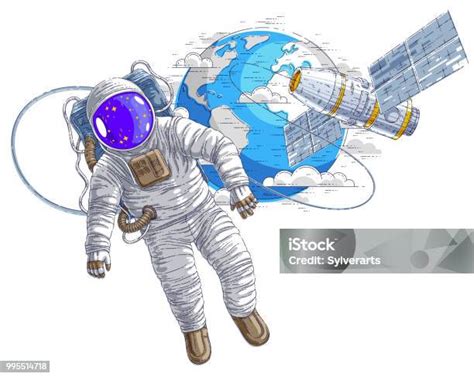 열린 공간에서 비행 하는 우주 비행사 우주 정거장 및 배경 그 뒤에 태양 전지 패널과 무중력 및 Iss 우주선에 떠 있는 우주