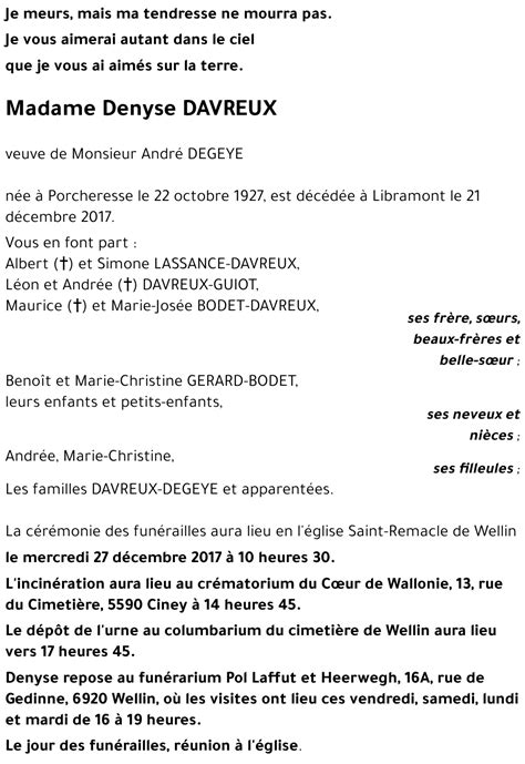 Avis De Décès De Denyse Davreux Décédé Le 21 12 2017 à Libramont