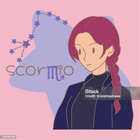 땋은 머리를 가진 여자 전갈 자리 조디악 점성술 기호 별자리 단어 및 별 손으로 그린 평면 만화 캐릭터 벡터 일러스트 땋은