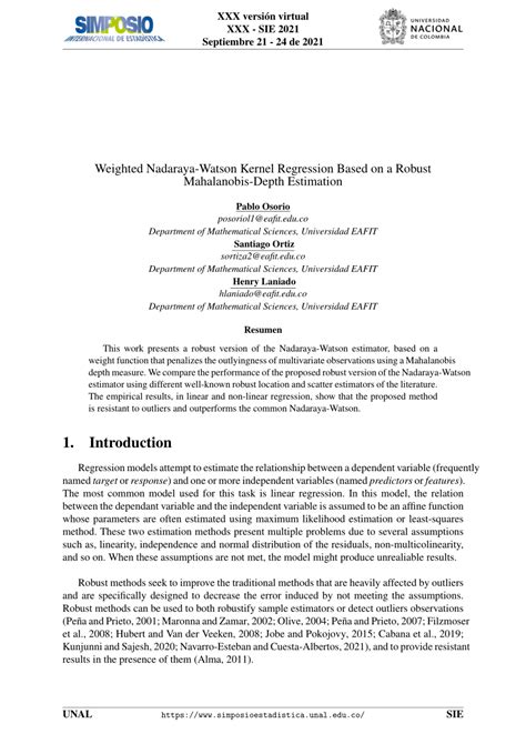 Pdf Weighted Nadaraya Watson Kernel Regression Based On A Robust Mahalanobis Depth Estimation
