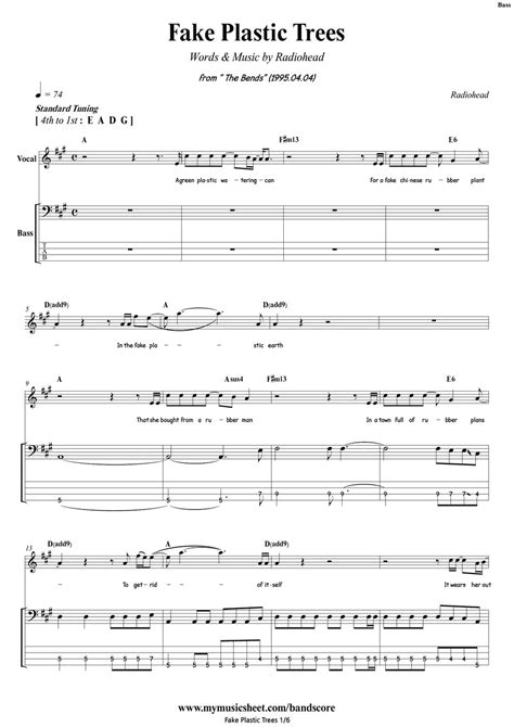 Radiohead Fake Plastic Trees Bass Sheets