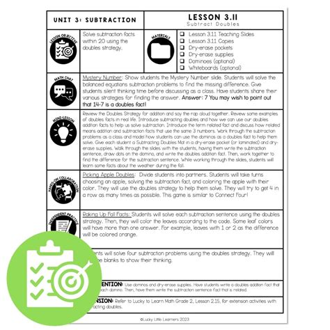 Lucky To Learn Math 1st Grade Lesson 311 Subtract Doubles Lesson Plan Lucky Little